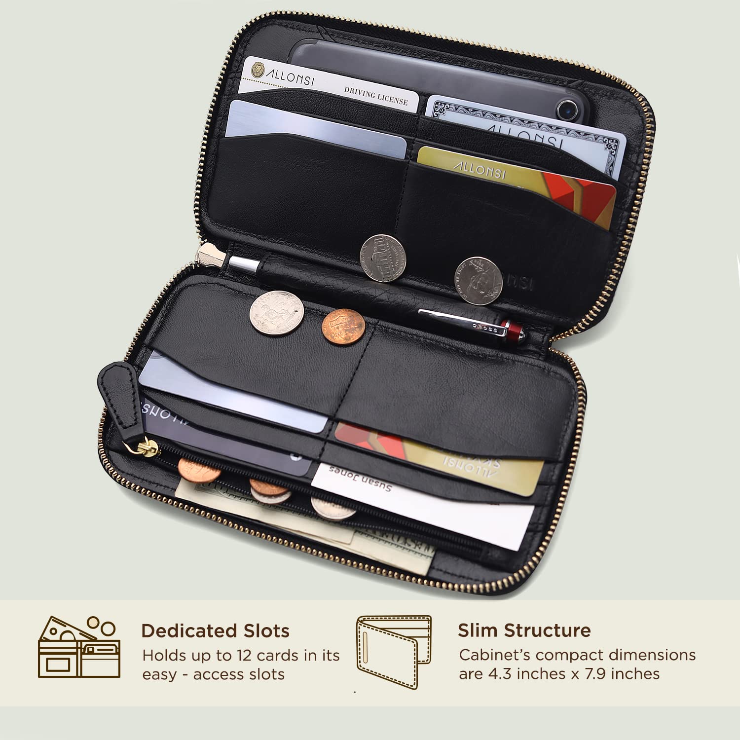 ALLONSI Womens Leather Wallet Purse|Slim Wallet for Women|RFID Block|Black Wallet Women