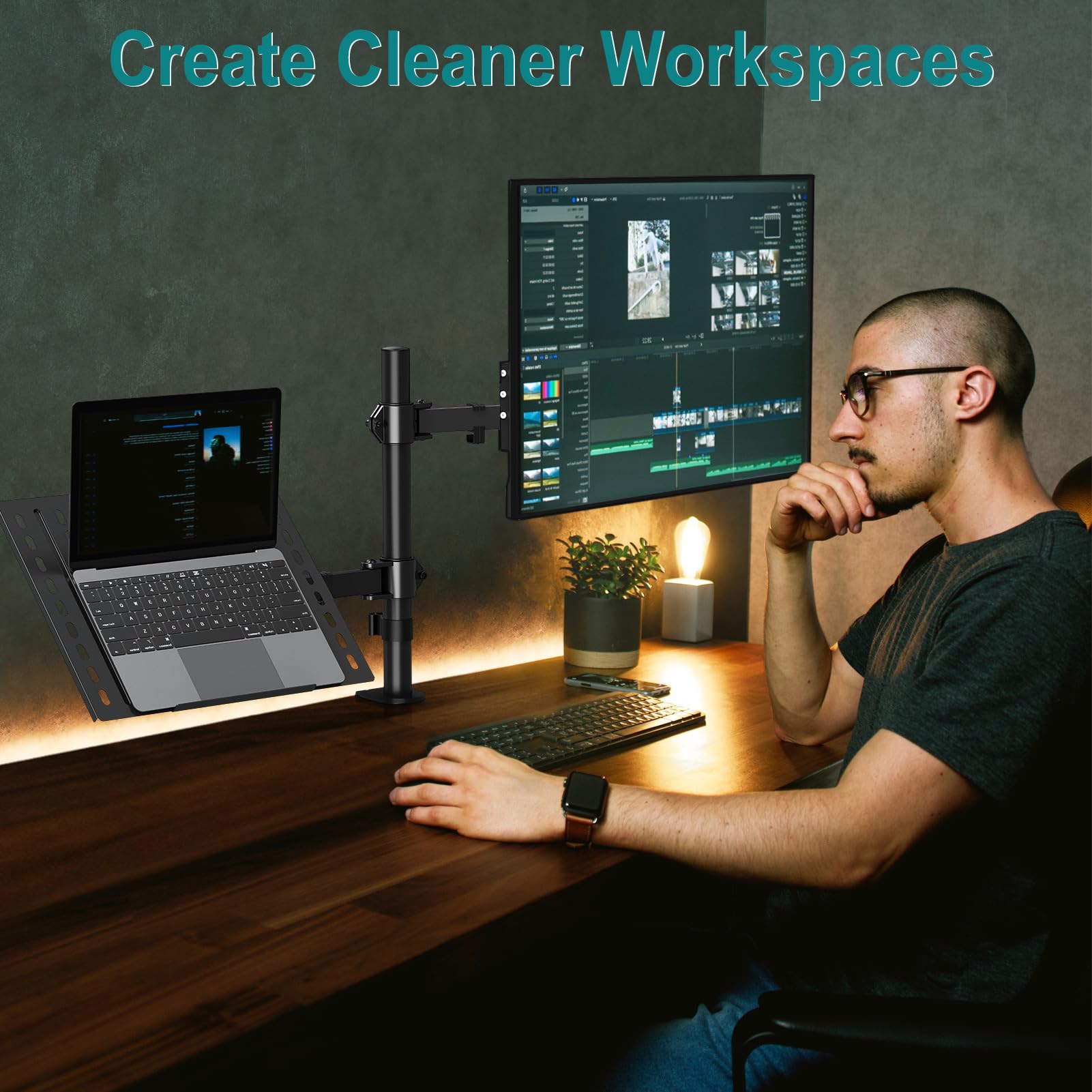 MOUNT PRO Laptop Desk Mount, Height Adjustable, Fits 13" to 32" Screens, with Clamp/Grommet Mounting Base, Holds Up to 17.6lbs