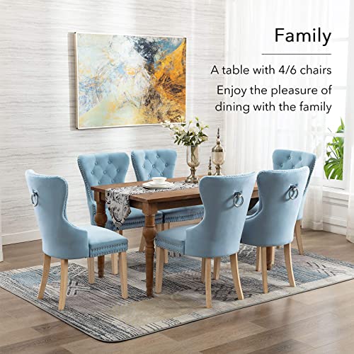 adochr Velvet Fabric Accent Dining Chairs Set of 6, Room for Used Solid Wood with Button and Nailed Trim (Blue)