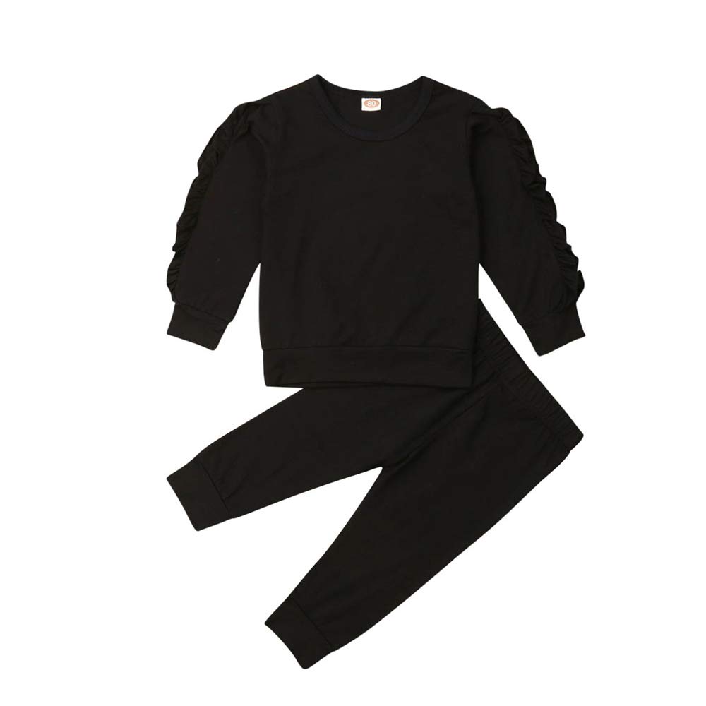 Infant Baby Girl Fall Winter Clothes Outfit Toddler Girl Long Sleeve Ruffle T-Shirt Tops Sweatsuit Pants 2Pcs Sleepwear Pajamas Set (Black, 2-3T)