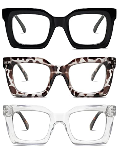AMOMOMA 3PACK Retro Spring hinge Womens Readers,Blue Light Blocking Computer Thick Square Reading Glasses for Women Men AM6015 Black/Grey Tort/Crystal 1.50 x