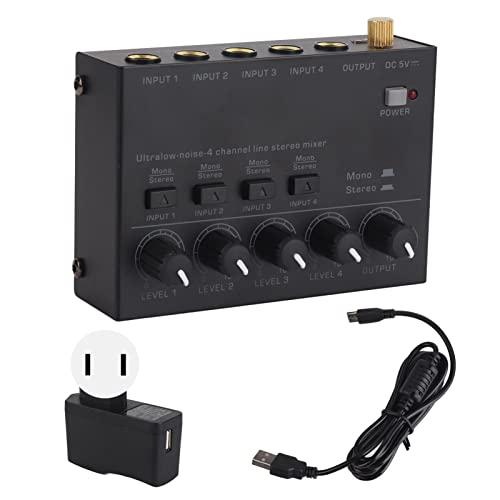 4 Channel Audio Mixer, Low Noise 4 Channel Studio Headphone Amplifier for Studio (US Plug)