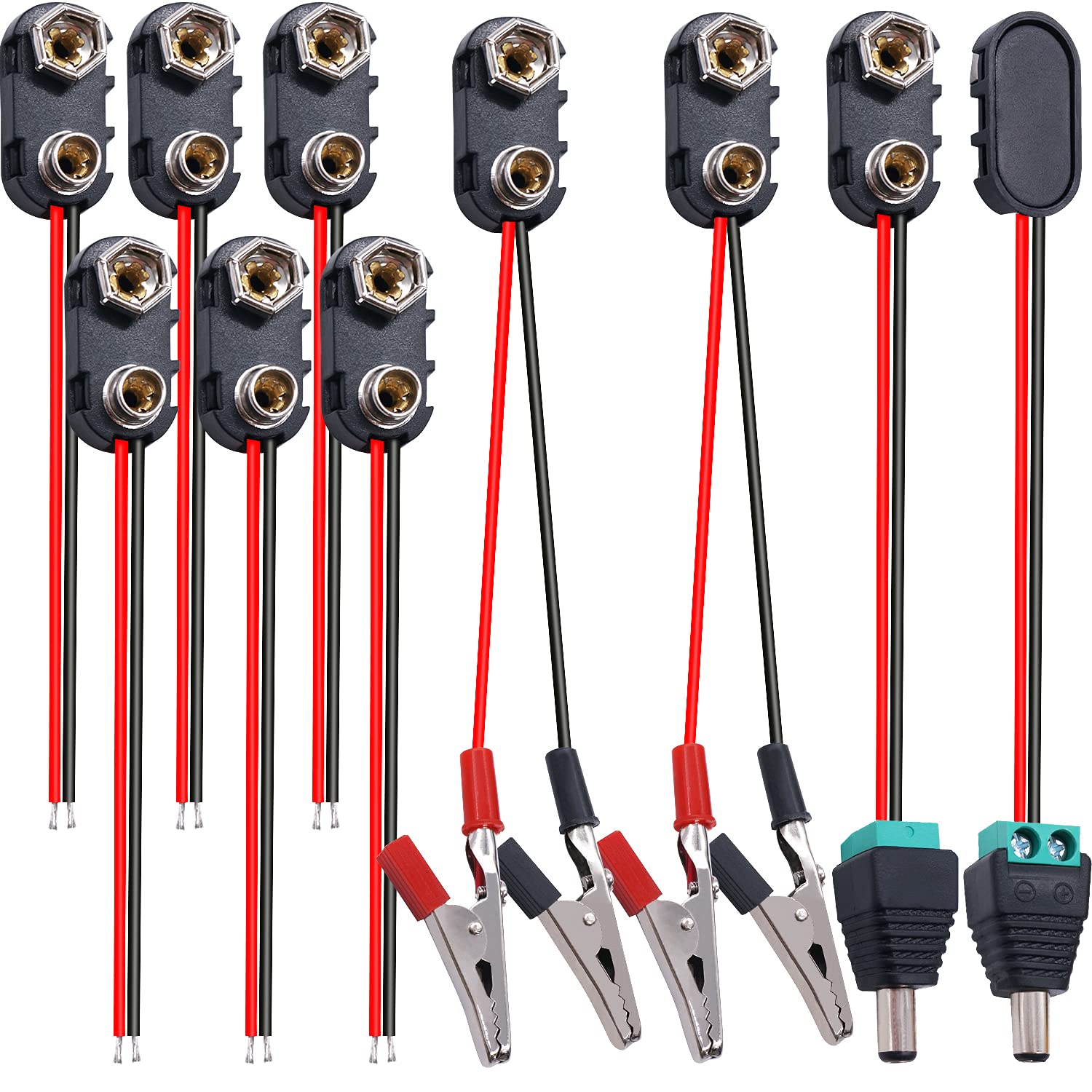 TWTADE 10 Pcs 9V I Type Battery Connector Leads + 2 x 2.1mm X 5.5mm DC Power Male Plug +2 Pair Alligator Clips I-023