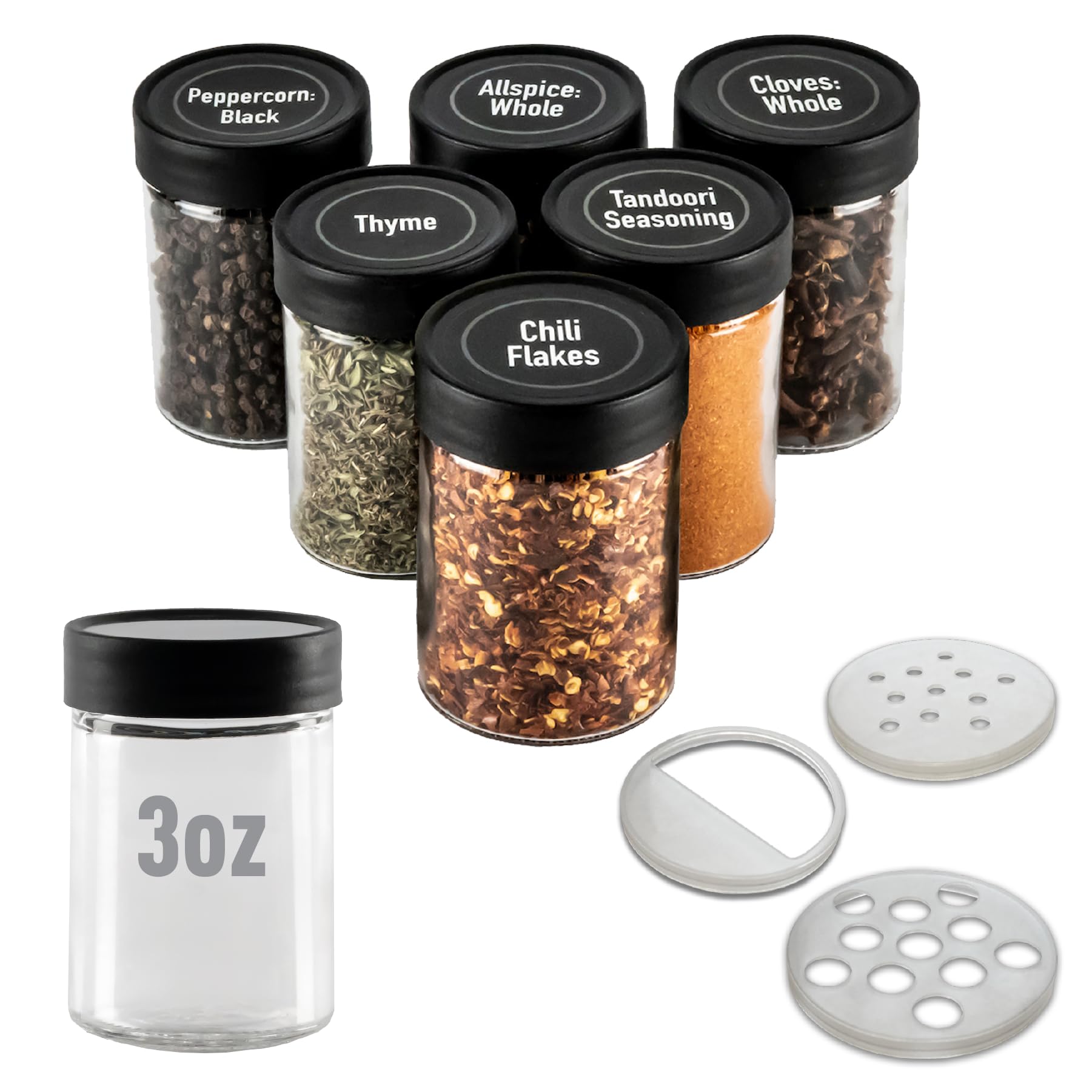 AllSpice 3ā Glass Spice Jars 3 fluid ounces- 6 Pack