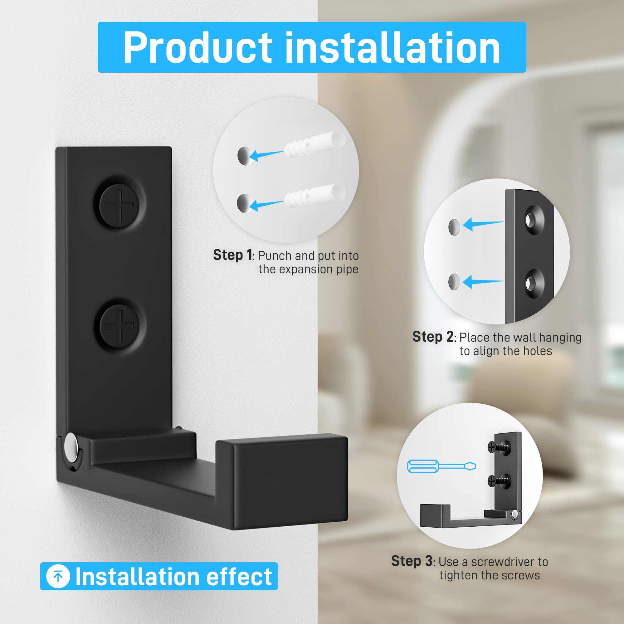 3 Pack - FUNDIARY Folding Wall Mount for Oculus Quest 2, VR Headset Wall Hooks for Meta Quest 2 Accessories, Stand Bracket Bundles with Screws, Wall Stand Hanger - Balck