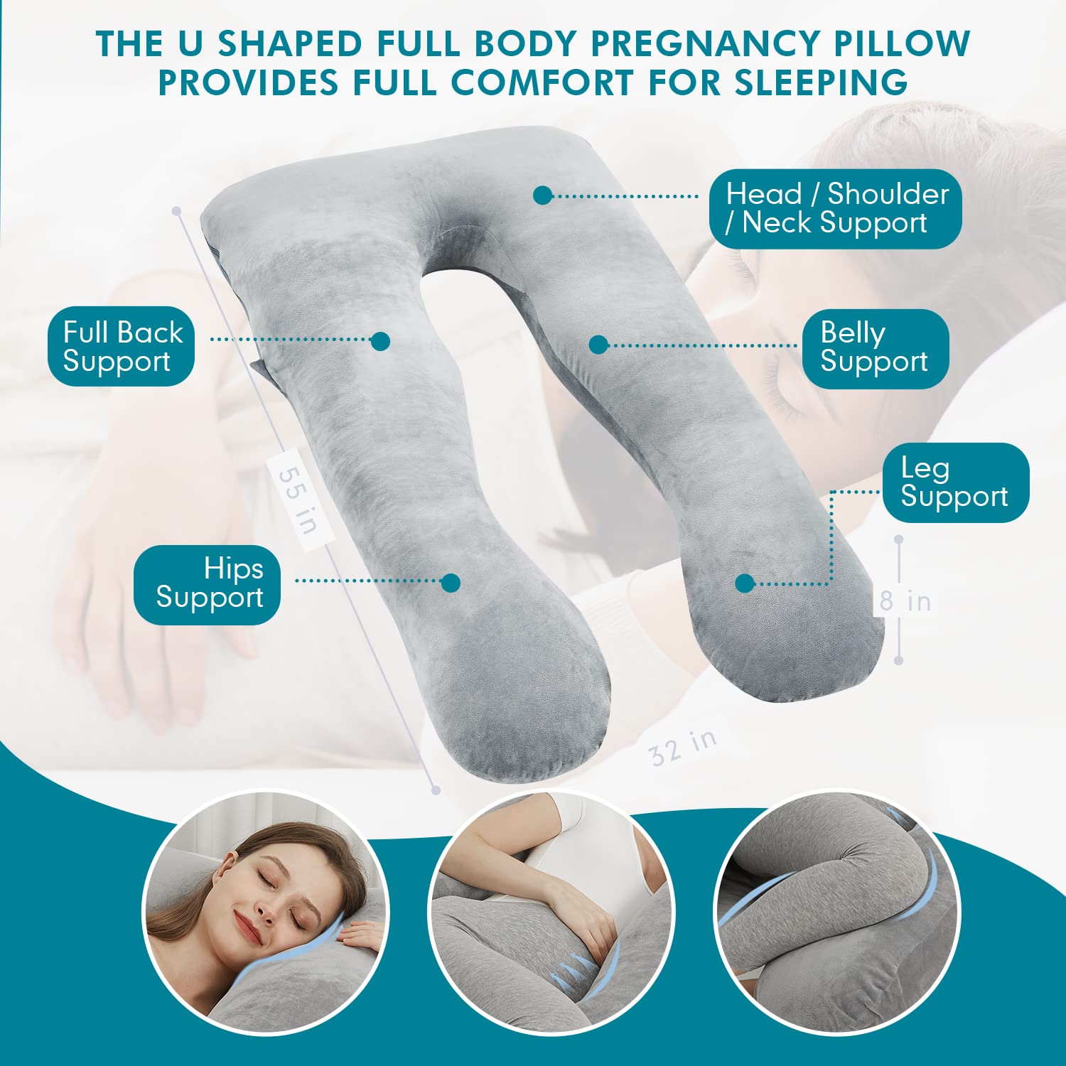 JOHNPEY Pregnancy Pillows for Sleeping, U Shaped Full Body Pillow - Pregnancy Must Haves Maternity Pillow with Removable Velvet Cover, 55inch, Gray