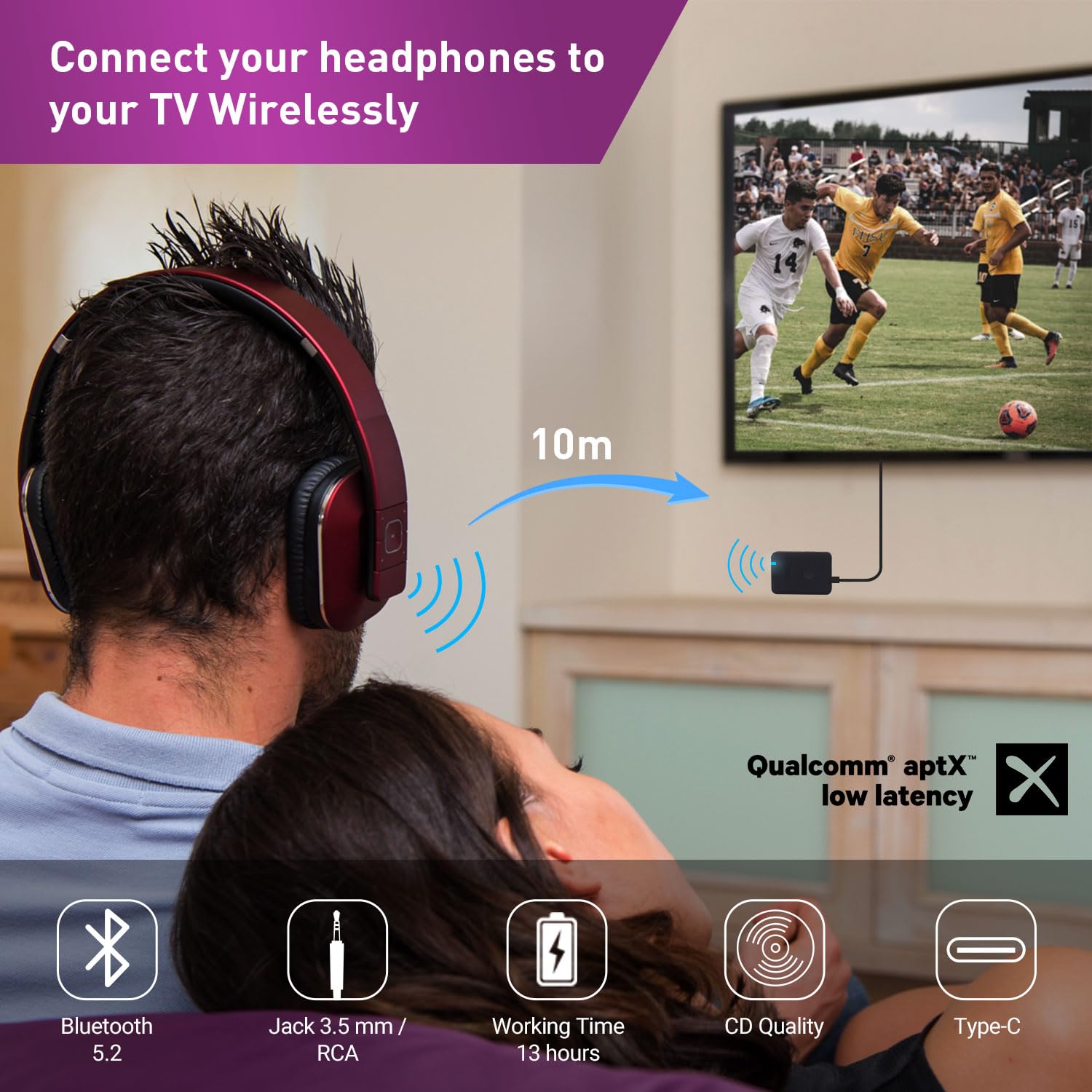 August MR250 - Bluetooth Wireless Transmitter - Audio Adapter for TV to Bluetooth Headphone - Stream Music from 3.5mm Audio Out to Bluetooth Headphones, Speakers and Receivers - Black