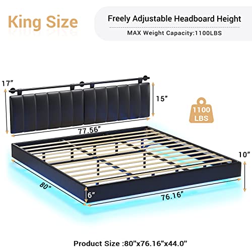 DICTAC King Floating Bed Frame with LED Lights and Wall Mounted Headboard Modern Upholstered Platform Low Profile LED Bed Frame King Size, No Box Spring Needed, Noise Free, Easy Assembly,Black