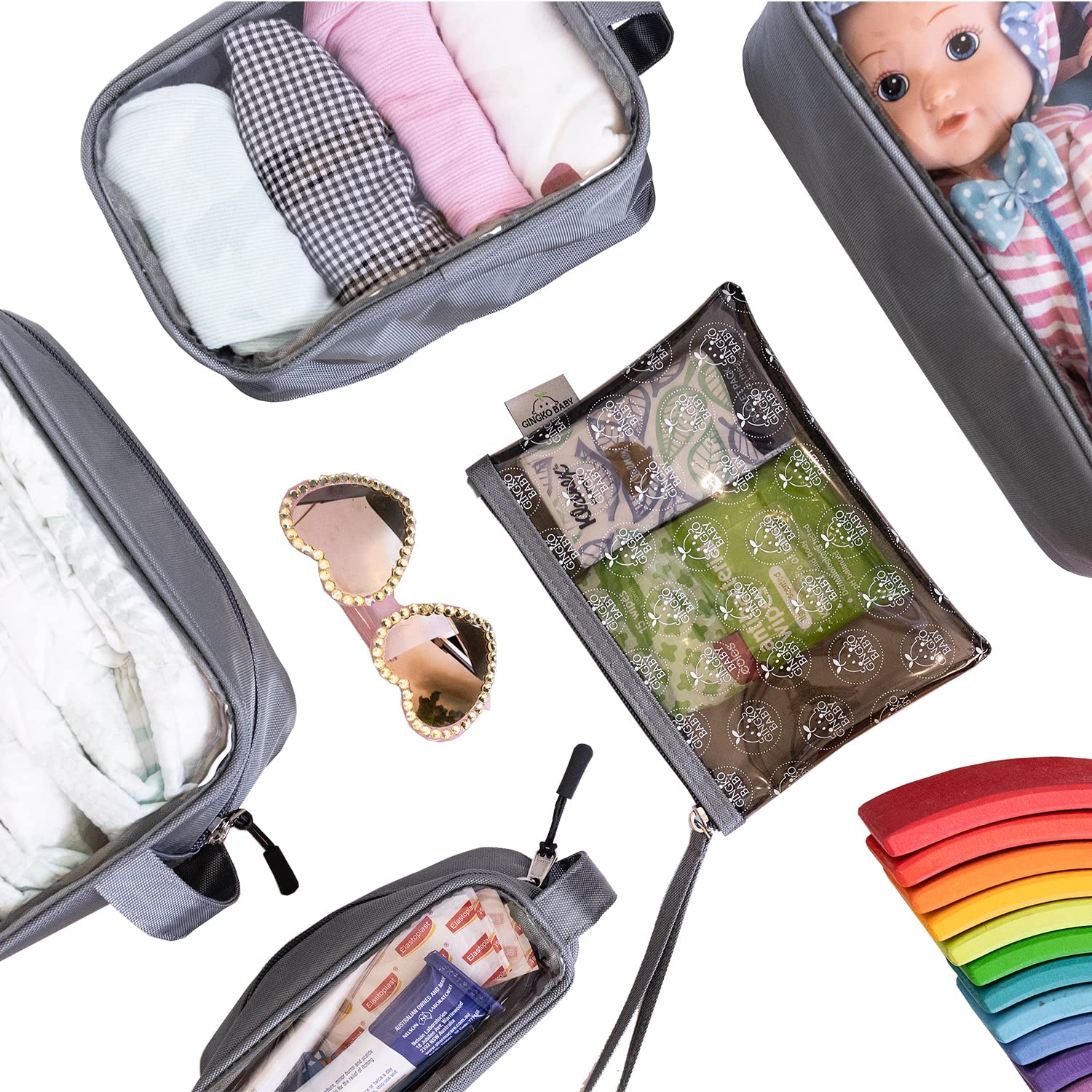 Gingko Baby Supa Tough Diaper Bag Organizing Pouches Set of 5 - Premium Quality Clear Organizer Inserts - Versatile Wipe Clean Baby Packing Cubes - Nursery and Travel Organization (Silver Grey)