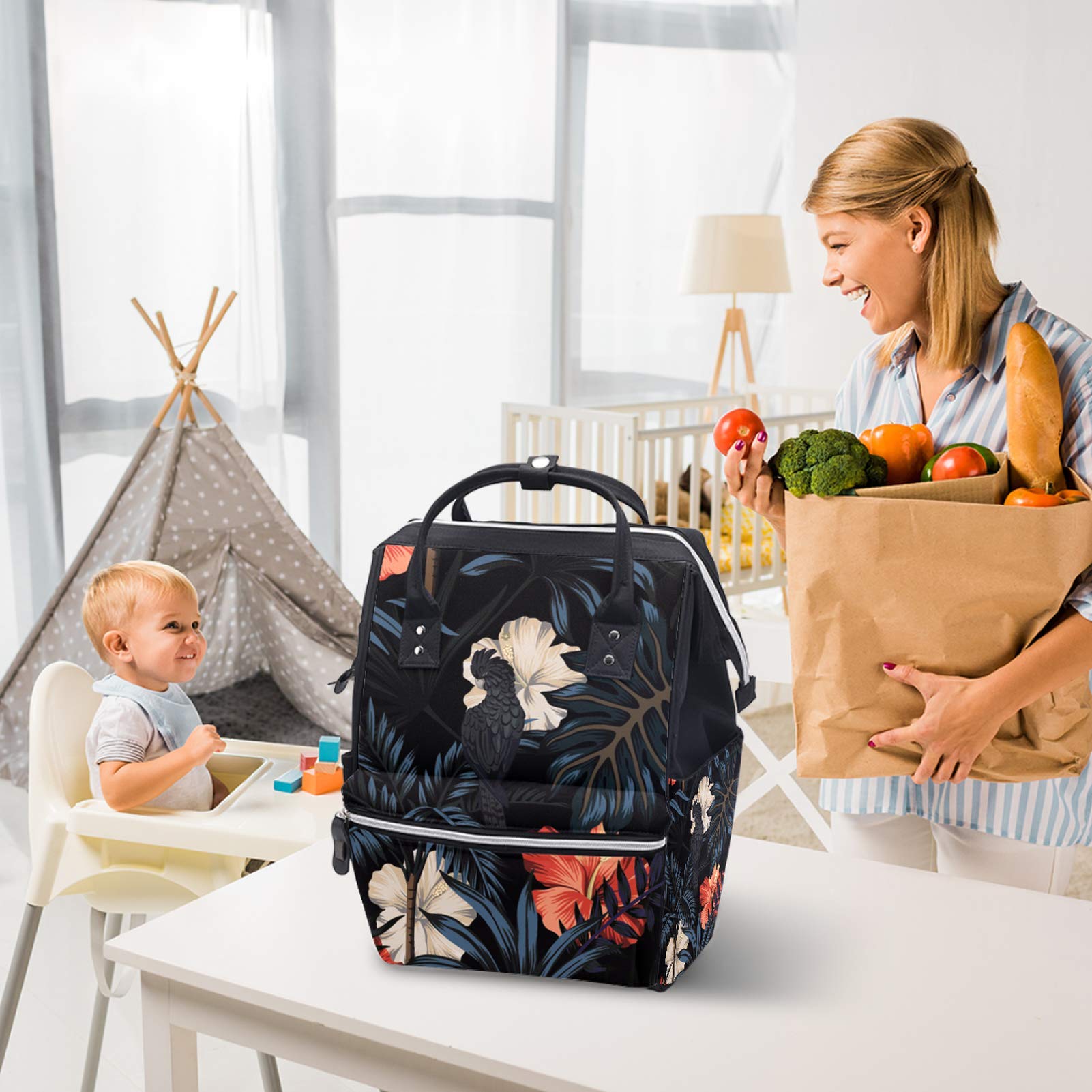 Inhomer Hawaiian Jungle Palm Leave Black Parrot Diaper Bag Travel Mom Bags Nappy Backpack Large Capacity for Baby Care