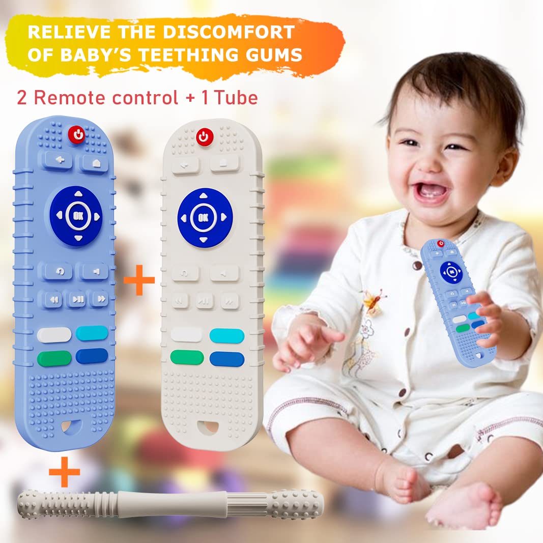 3 Pack Baby Teething Toys, Silicone Baby Toys Teether Chew Toys for Babies, TV Remote Control Shape with Push Sensory Bubble, Infant Teether Early Educational Toy for 3-12 Months
