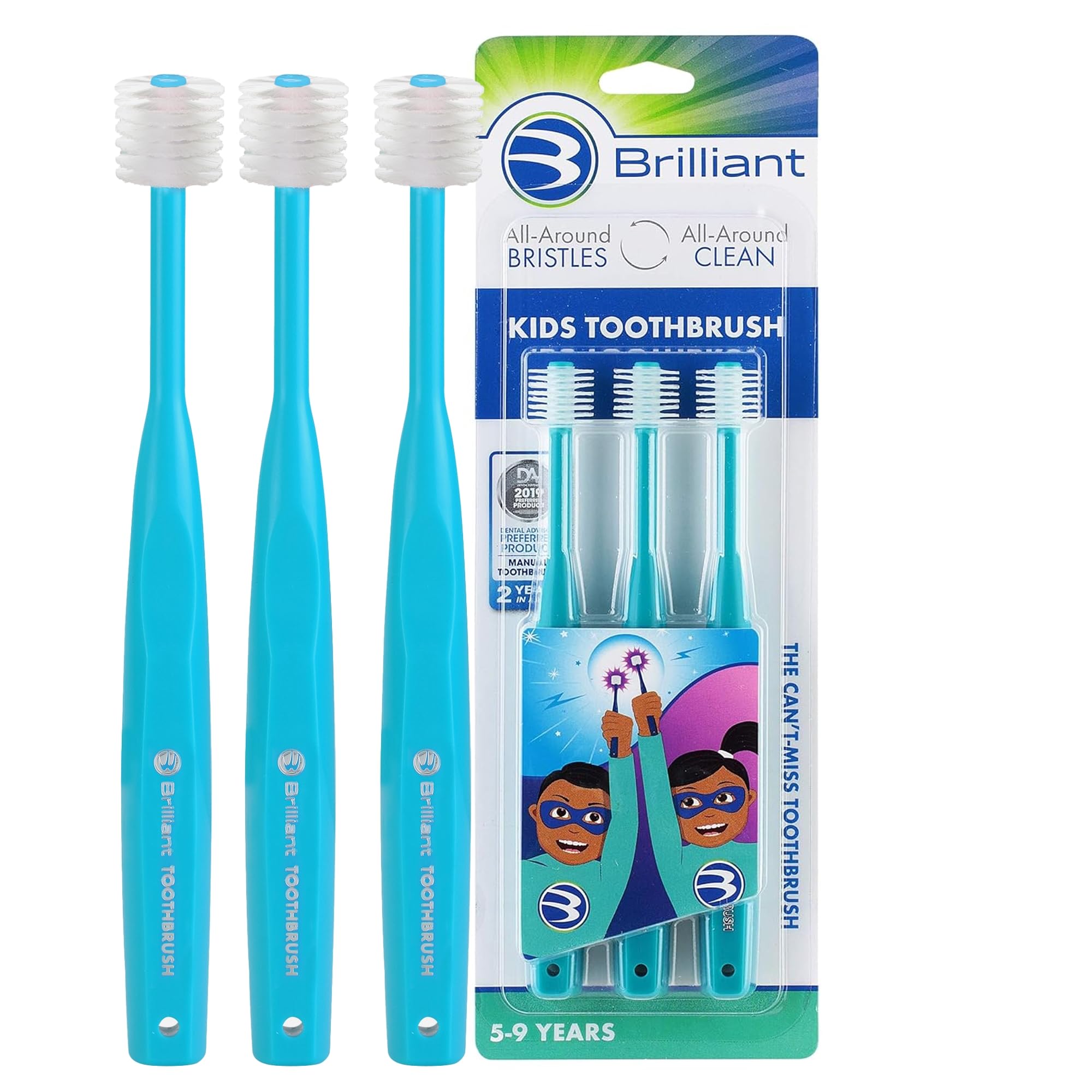 Brilliant Oral Care Kids Toothbrush with Soft Bristles and Round Head, for a Child Approved, Easy to Use All-Around Clean Mouth, Ages 5-9 Years, Teal, 3 Pack