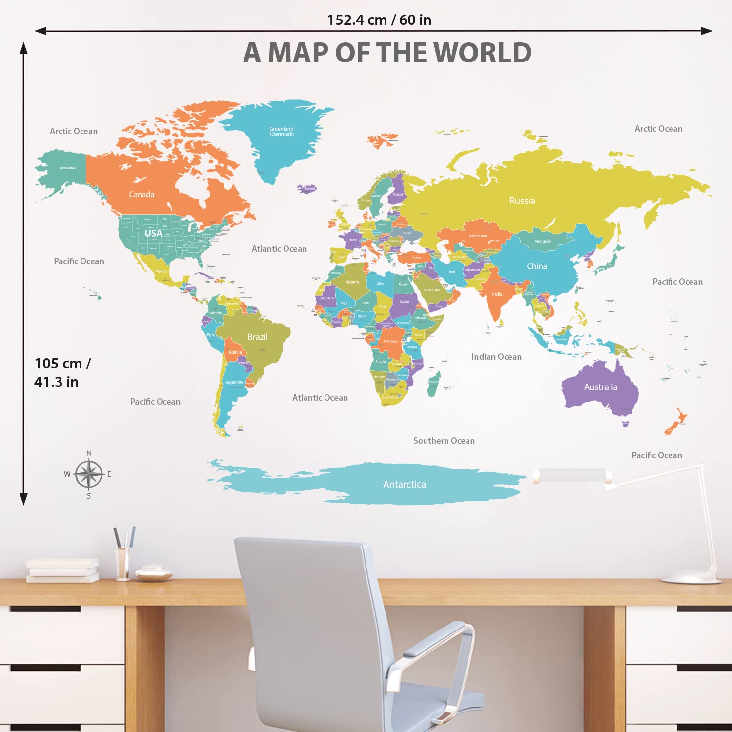 DECOWALL DMT-1809S Modern Pastel Tones World Map Kids Wall Stickers Wall Decals Peel and Stick Removable Wall Stickers for Kids Nursery Bedroom Living Room (Large)