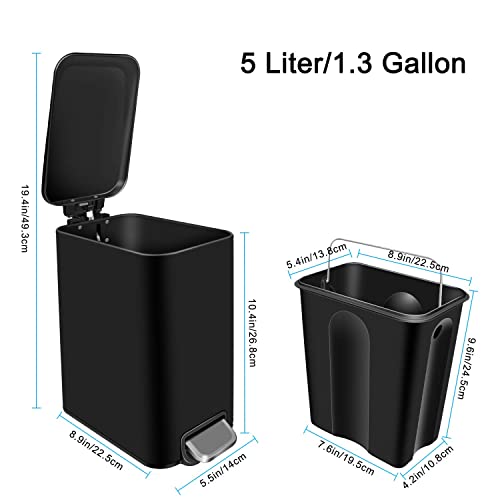 H+LUX Slim Small Bathroom Trash Can with Lid Soft Close,Black Small Trash can for Bathroom Bedroom Office with Removable Inner Wastebasket, Rectangular Foot Pedal Trash Bin, 5L/1.3Gal