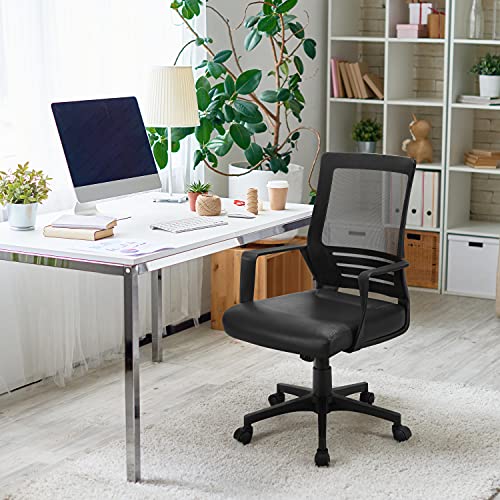 Yaheetech Ergonomic Office Chair Leather Seat and Mesh Back Combine Computer Chair Executive Chair Mid-Back Rolling Swivel Chair w/Lumbar Support and Armrests Adjustable Height for Office,Black