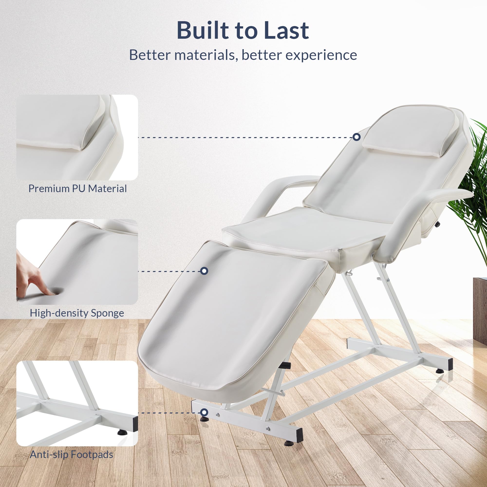 BELLAVIE Adjustable Table Chair Salon Bed for Professional Massage Facial Lash Beauty Treatment Spa Tattoo Eyelash Microblading Esthetician Equipment - White