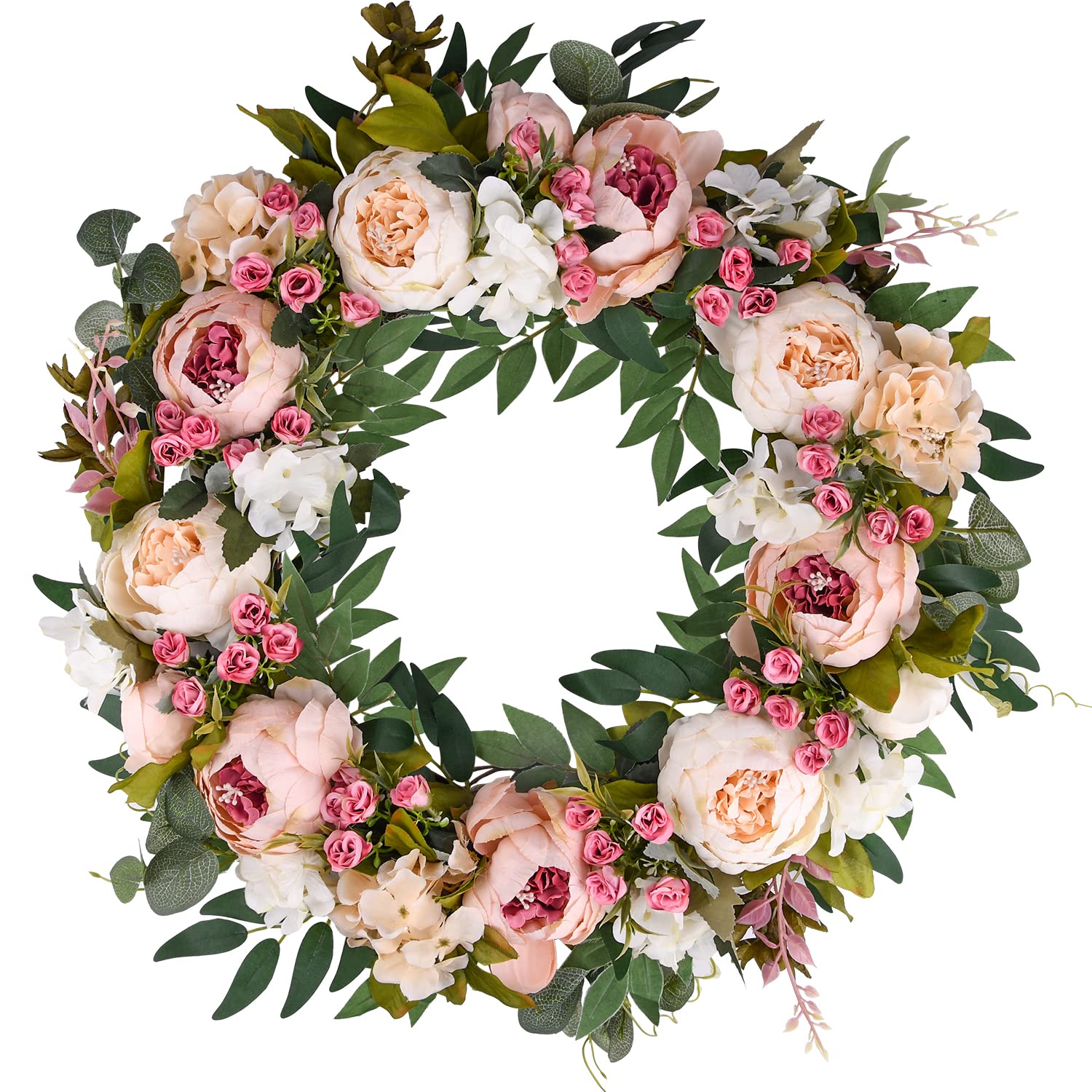 22inch Peony Wreath, Bouquet Wreath Spring Summer Fall Wreath Dotted with Eucalyptus Layered Roses Dahlias Hydrangeas Antler Grass and Small Fruit Artificial Wreaths for Front Door Indoor Wreaths