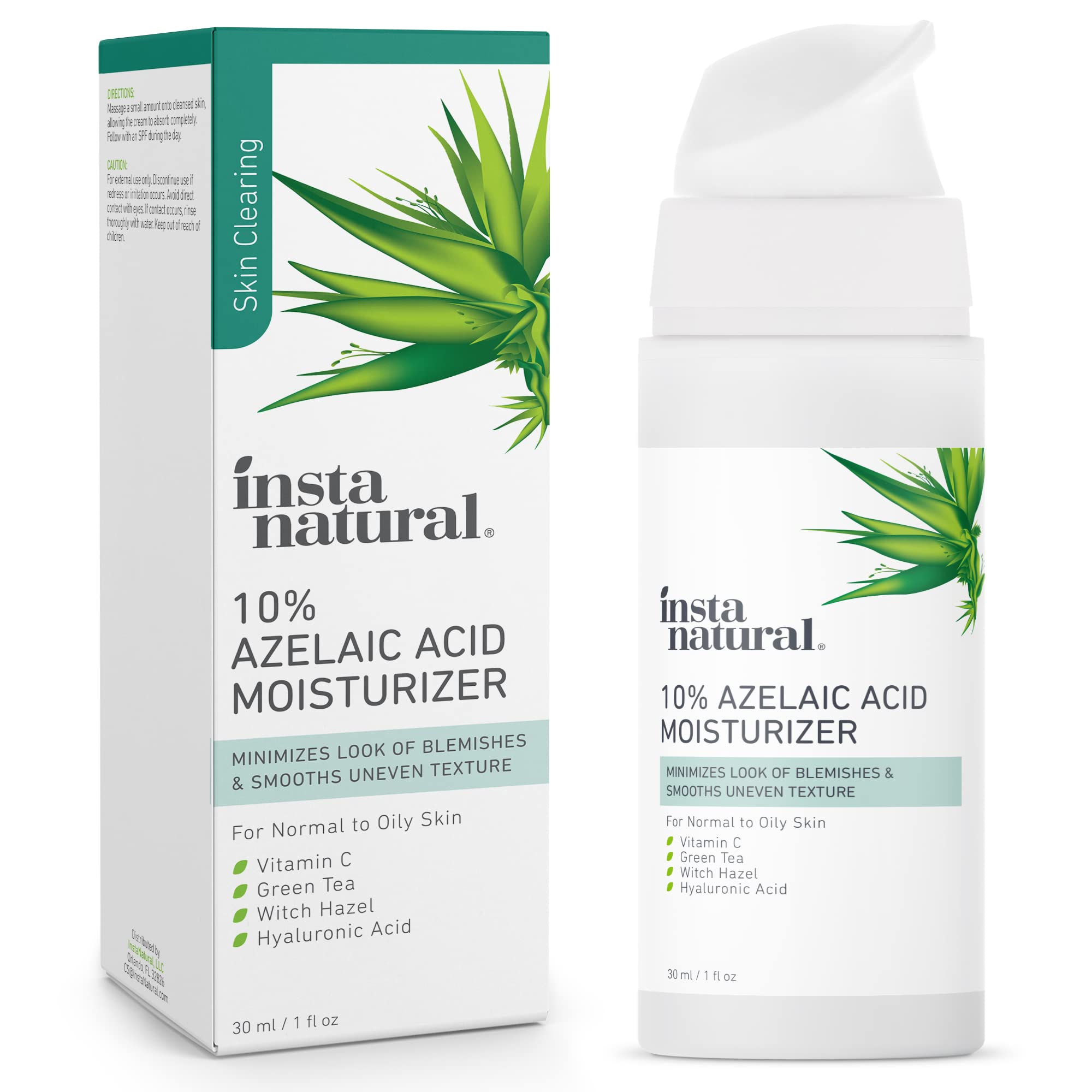 InstaNatural 10% Azelaic Acid Moisturizer, Face Moisturizer with Vitamin C, Hyaluronic Acid, Green Tea Extract, and Witch Hazel, For Roscesea, Acne Prone Skin and Hyperpigmentation