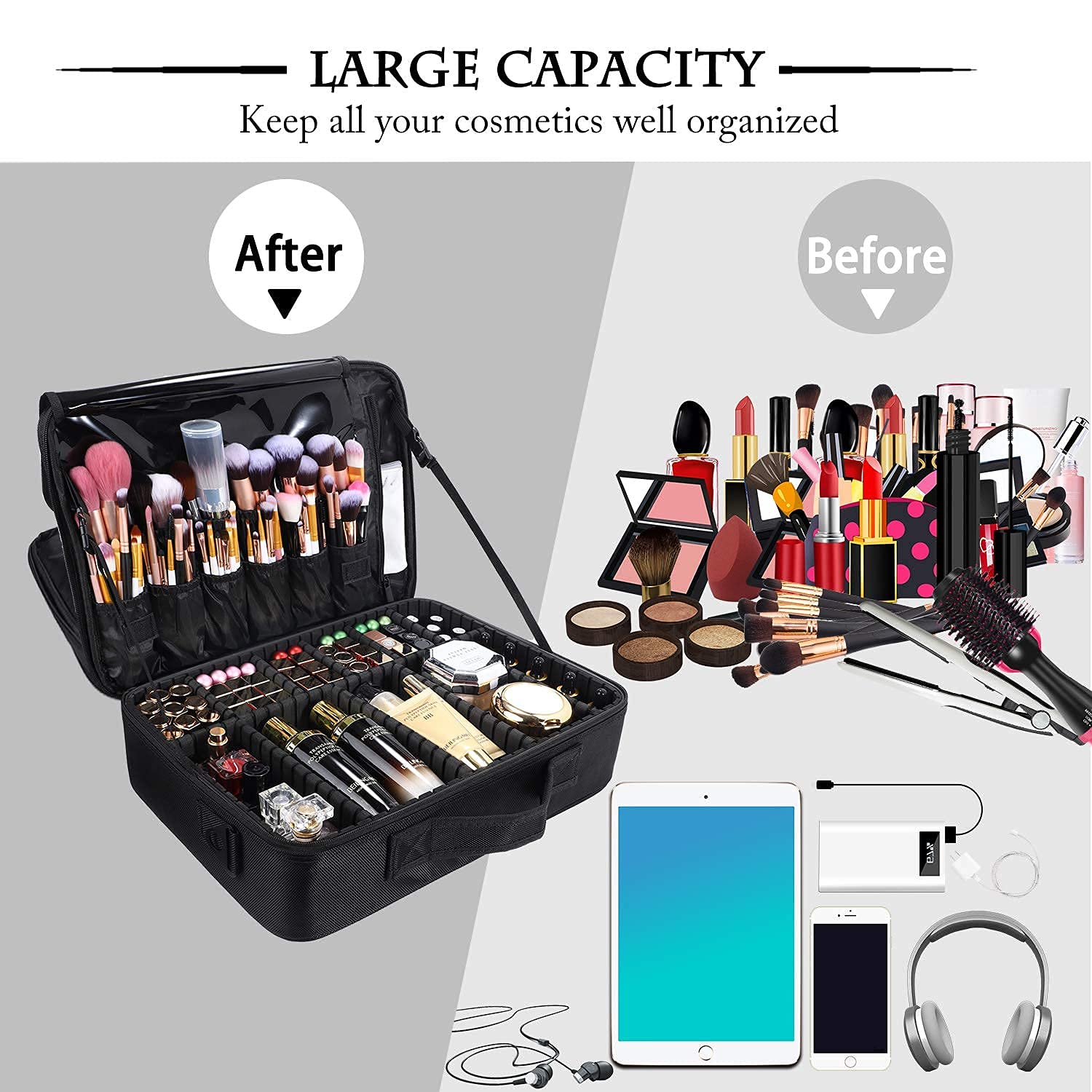 JOURMON Travel Makeup Case Portable Makeup Train Case Organizer Cosmetic Bag with Adjustable Dividers and Shoulder Strap for Makeup Brushes Toiletry Travel Accessories(Pure Black, L)