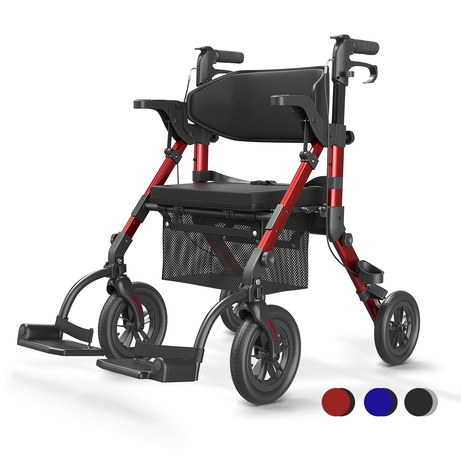 2 in 1 Walkers for Seniors with Seat, VOCIC Transformable Rollator Walker and Transport Chair, Transport Wheelchair w/Paded Seatrest, Pouch, Backrest and Footrest-Gloria Red