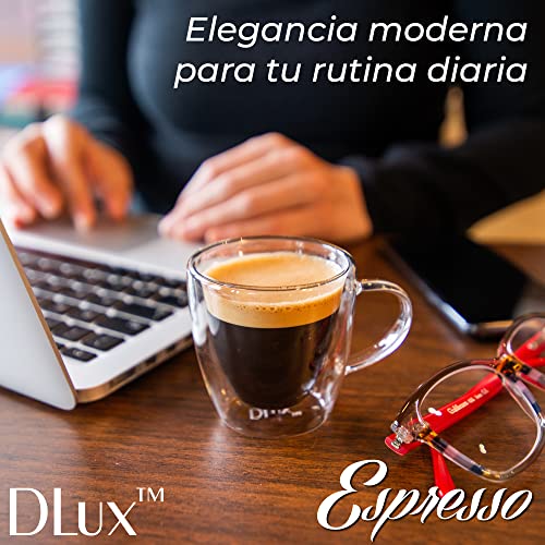 DLux Espresso Coffee Cups 3oz, Double Wall, Clear Glass Set of 2 Glasses with Handles, Insulated Borosilicate Glassware Tea Cup