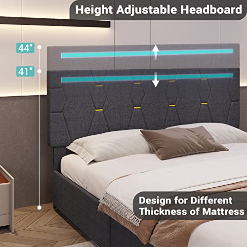 ADORNEVE Queen Bed Frame with 2 USB Charging Station, LED Lights Headboard Footboard, Upholstered Platform Bed with Storage Drawers, No Box Spring Needed, Dark Grey