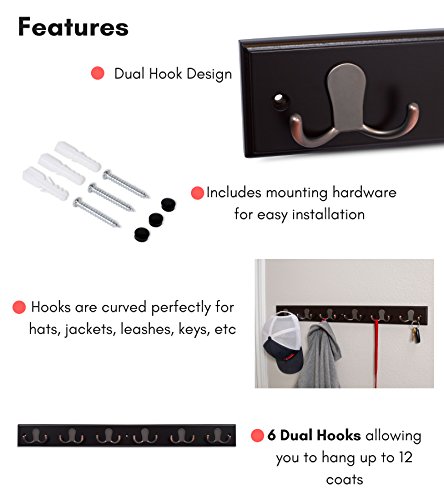 BIRDROCK HOME Dual Hook Coat and Hat Rack - 6 Dual Hooks - 27 Inches - Wall Mount - Decorative Home Storage - Entryway Foyer Hallway Bathroom Bedroom Rail - Oil Rubbed Bronze Hooks - Dark Brown Pine