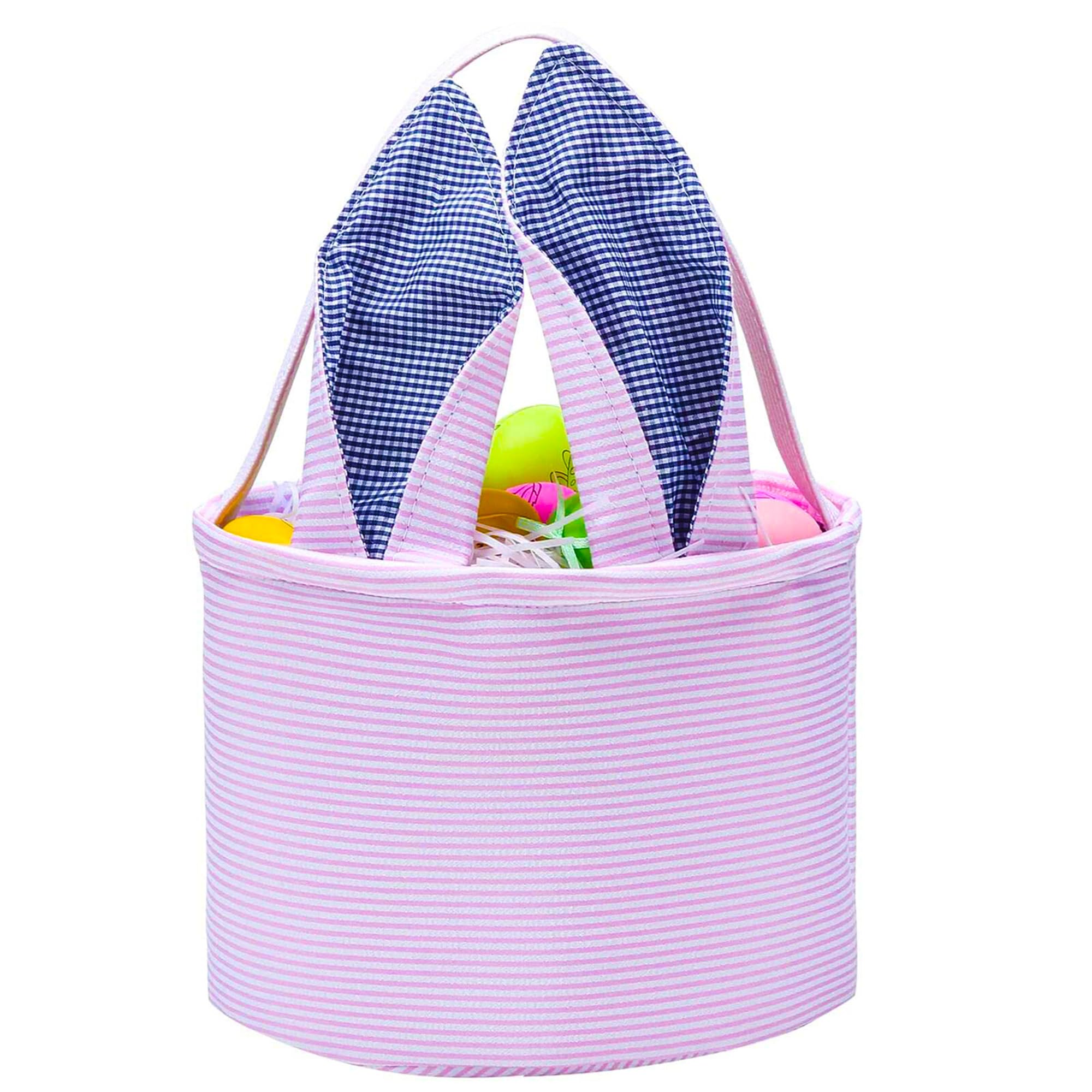 Easter Bunny Basket Seersucker Egg Bags for Kids,Personalized Candy Egg Basket Rabbit Print Buckets with Fluffy Tail Gifts Bags for Easter（Seersucker Pink）……