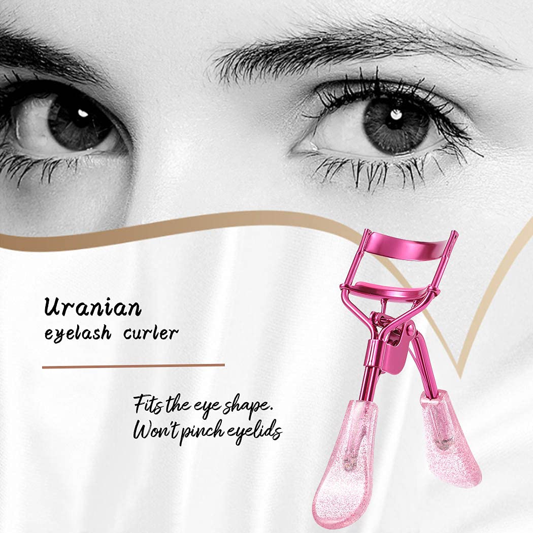 Uranian Eyelash Curlers Pink Lash Curler with 2 Silicone Refill Pads Glitter Handle Eye Lashes Curler Eyelashes Tool for Women and Girls (Pink)
