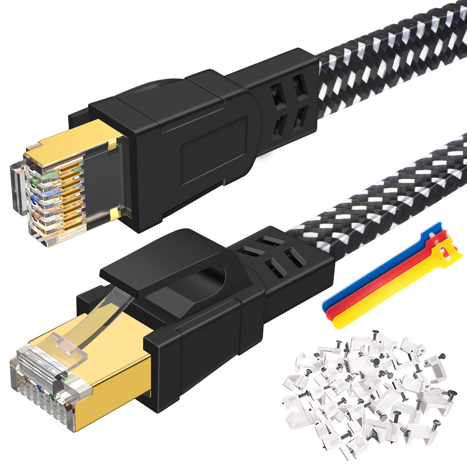 DEEGO Cat 8 Ethernet Cable 100 FT, Nylon Braided High Speed Flat Network Cable Shielded, 30AWG LAN Internet Cable 40Gbps, 2000Mhz with Gold Plated RJ45 Connector Fits Gaming, Router, Modem, PS4, PS5