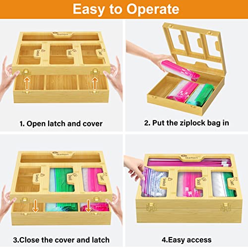 AIONASA Ziplock Bag Storage Organizer for Kitchen Drawer, Bamboo Organizer,Bamboo Plastic Bag Holder with 2 Extra Bonus Storage Boxes, Compatible with Sandwich,Gallon,Quart,Snack Plastic Bags