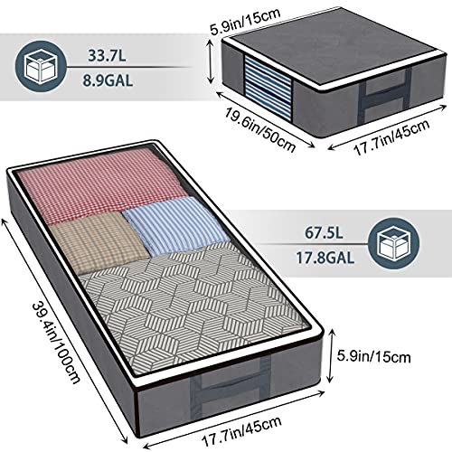 Isbasa 4 Pack Under Bed Storage Bags, 2 Foldable Underbed Storage Bags and 2 Organizer Bins with 4 Reinforced Handles, Pocket for Labels and Clear Windows for Clothes, Blankets, Bedding, Grey