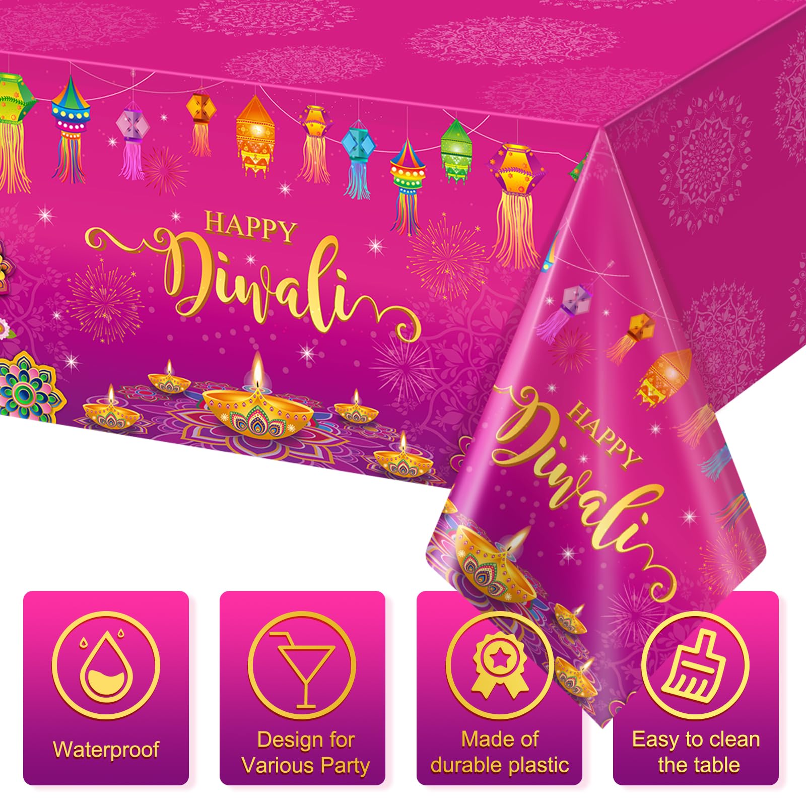 3 Pack Happy Diwali Disposable Tablecloth, Festival of Lights Plastic Table Cover for Rectangle Tables, Diwali Table Cloth for Indian Diwali Light Celebration Party Supplies Decorations, 54×108 Inch