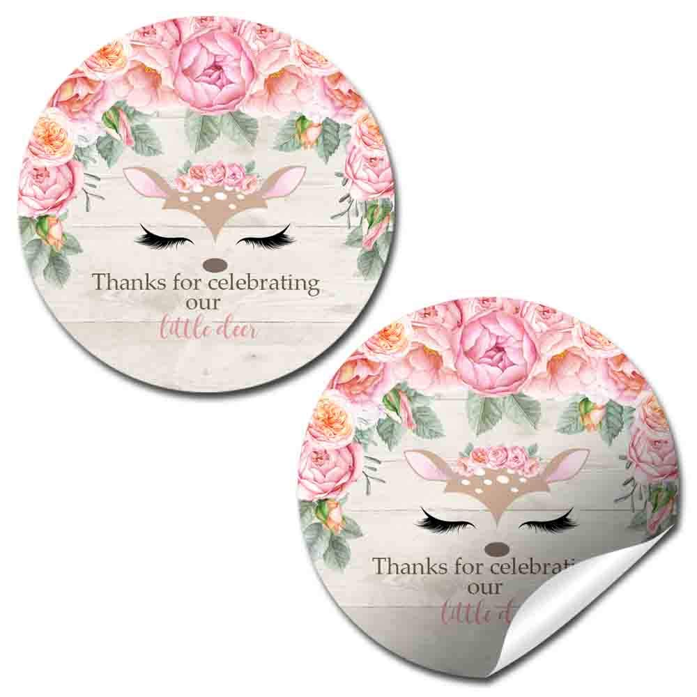 Deer Face Watercolor Floral Little Deer Thank You Sticker Labels for Girls, 40 2" Party Circle Stickers by AmandaCreation, Great for Party Favors, Envelope Seals & Goodie Bags