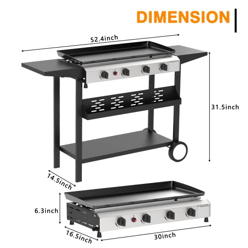 ADREAK 30 Inch 4 Burner BBQ Gas Grill Griddle, Stainless Steel Portable Detachable 40,000 BTU Table Top Propane Barbecue Grill for Camping or Tailgating (Only Griddle)