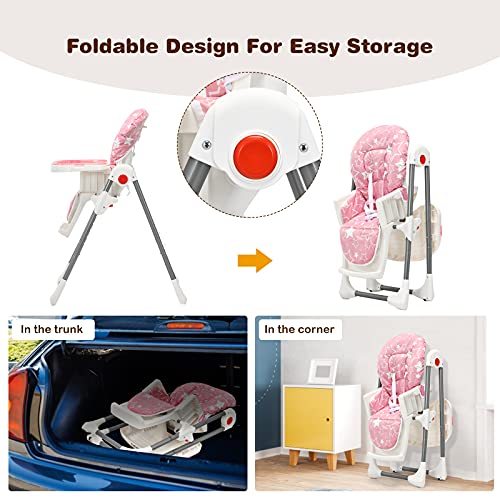 BABY JOY Folding High Chair for Babies & Toddlers, Infant Dining Chair w/Removable Dishwasher Safe Tray, 5-Point Safety Belt, Wheels, Detachable Cushion, Adjustable Backrest Footrest & Height (Pink)