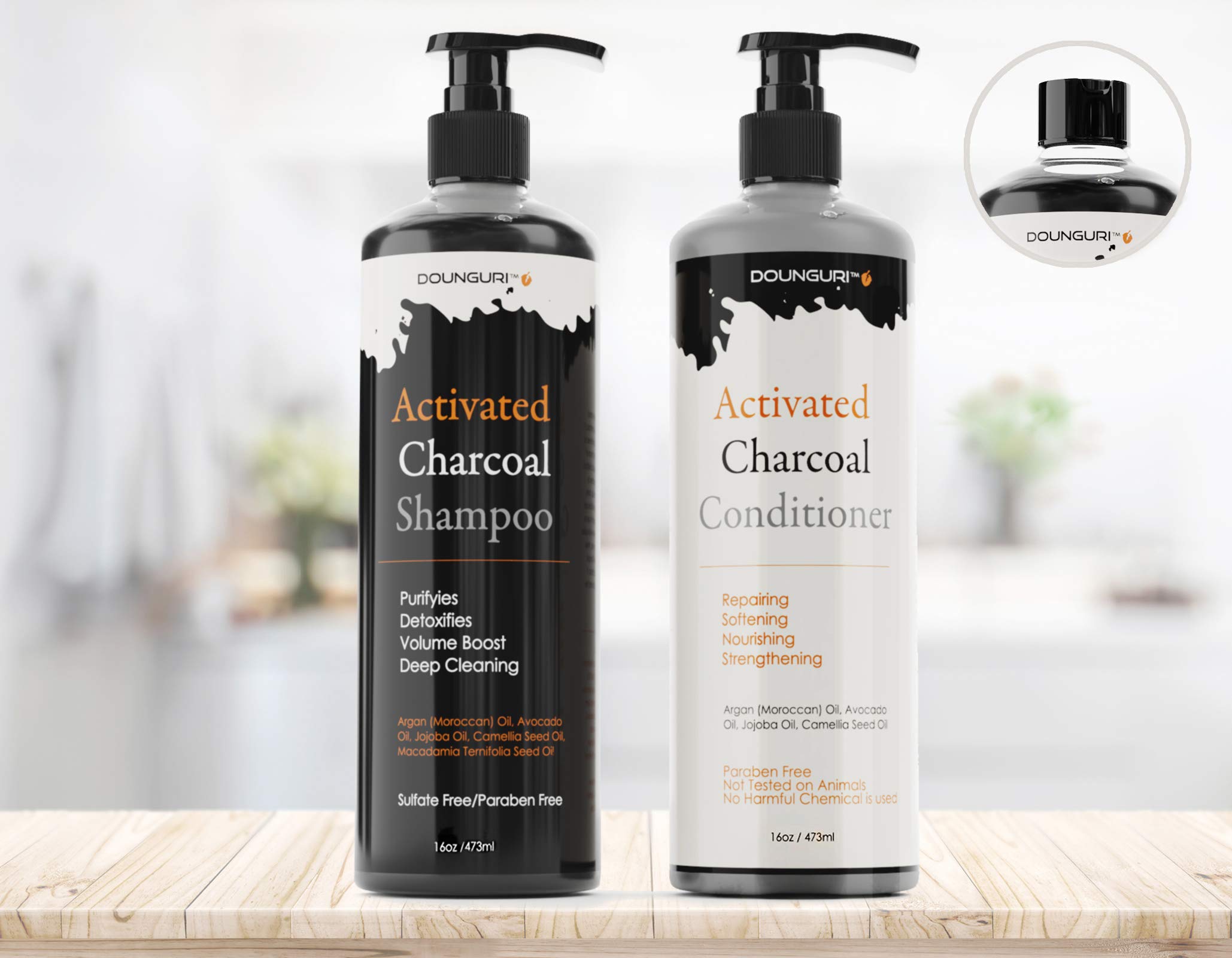 DOUNGURI Sulfate Free Activated Charcoal Hair Shampoo and Conditioner for Clarifying, Detoxification and Volumizing 16oz β Organic Ingredients: Argan (Moroccan), Avocado (Shampoo and Conditioner)