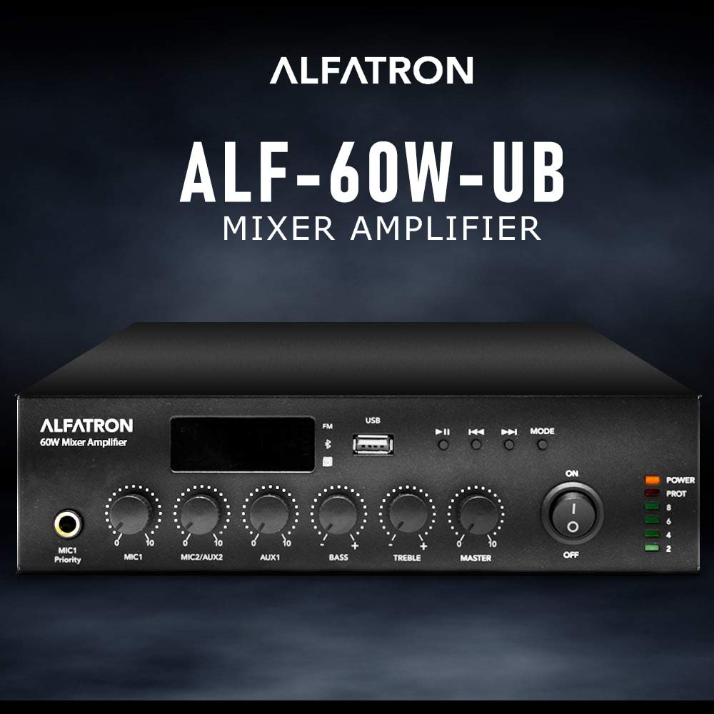 Alfatron 60W-UB Compact Mixer Amplifier with Bluetooth, On Board Tuner, Built-in USB MP3 Player, & Front Panel Mic Input, 60W at 70/100V, Perfect for Classrooms & Shops
