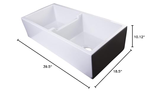 ALFI brand AB3918DB-W Smooth Thick Wall Fireclay Double Bowl Farm Sink, 39", White