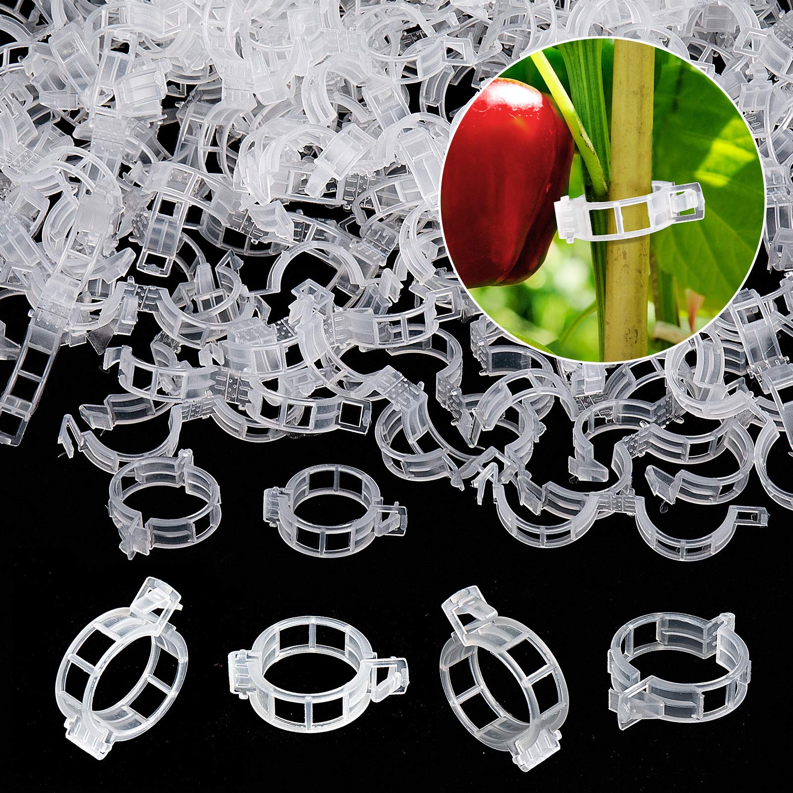 200PCS Plant Support Garden Clips, Vegetable Tomato Supports Trellis Clip Tape for Climbing Crop Vine Twine String Cage Ties Stakes, Grow Strawberry Rose Grape Cucumber Orchid Pea Pothos Melon Tree