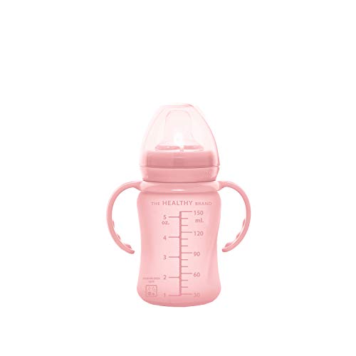 everyday baby Glass Sippy Cup with Silicone Sleeve, Spout, Drinking Handles, and Protective Cap - 150ml (5oz) - Rose Pink (for babies 6 months and up)