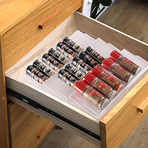 YCOCO Spice Drawer Organizer,Expandable Drawer Spice Rack Organizer,3 Tier Plastic Slanted Spice Bottle Storage Shelf for Kitchen Cabinet Drawer and Pantry,Countertop,Clear