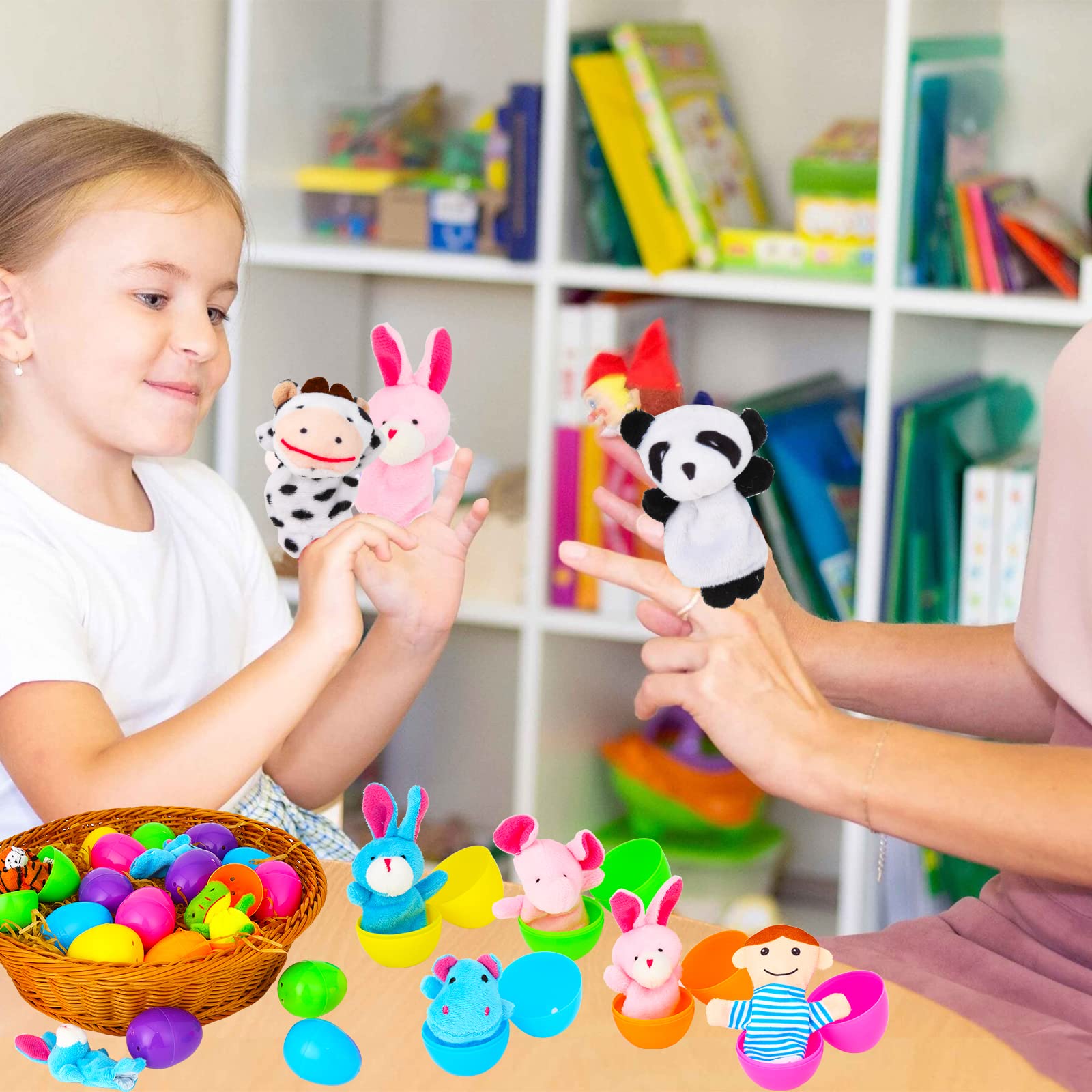 24pcs Easter Eggs Filled with Mini Animal Finger Puppets Plush Toys, Plush Animals Finger Puppets Easter Toys for Kids Easter Party Basket Stuffers, Easter Eggs Hunt Gift Exchange, Classroom Rewards