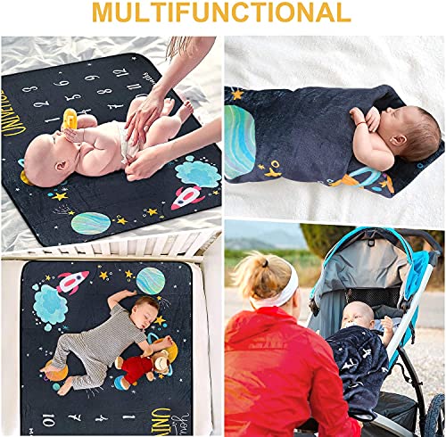Baby Milestone Blanket - Cute Space Design Monthly Milestone Blanket for Baby Boy and Girl, Soft and Thick Flannel Material Wrapped with Milestone Stickers