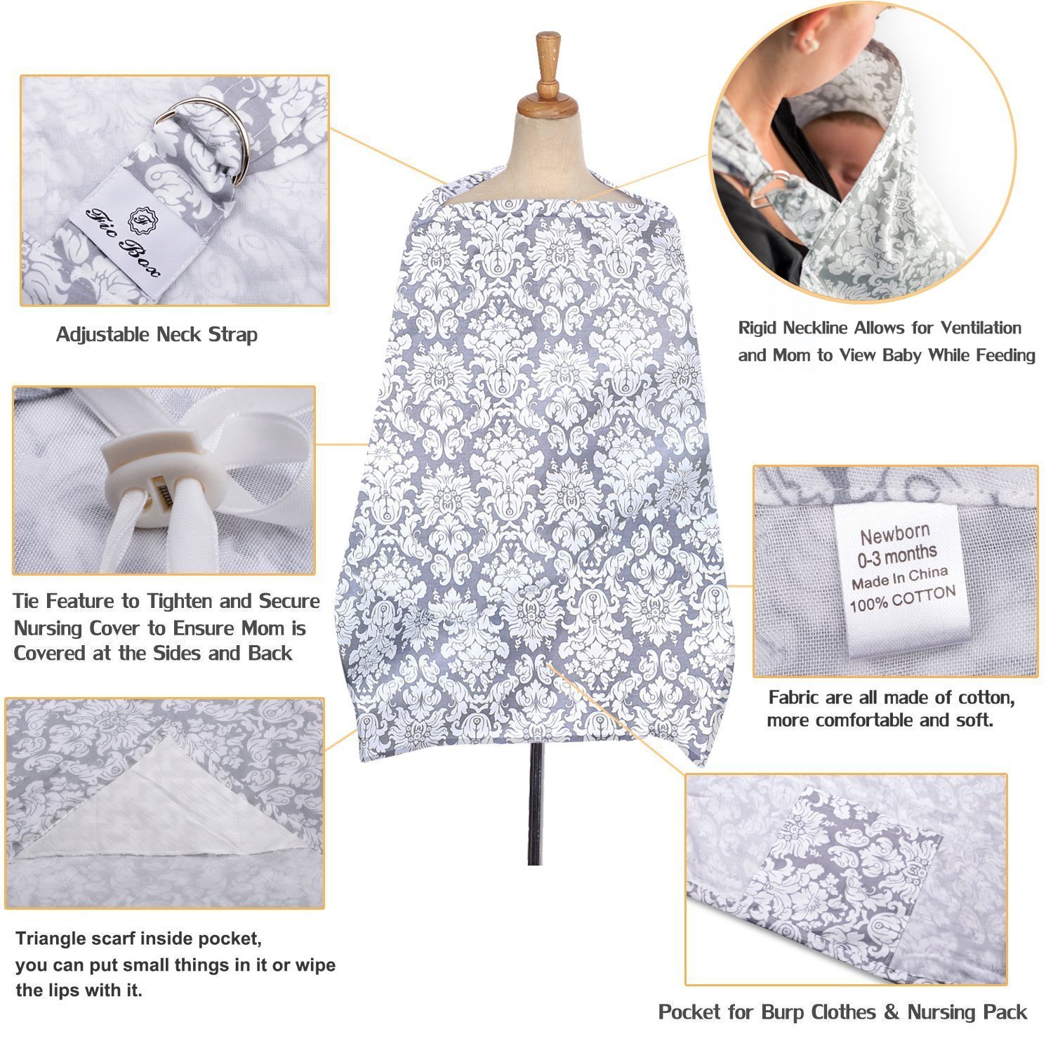Breastfeeding Nursing Cover, Trcoveric Lightweight Breathable Cotton Privacy Feeding Cover, Nursing Apron for Breastfeeding - Full Coverage, Adjustable Strap, Stylish and Elegant