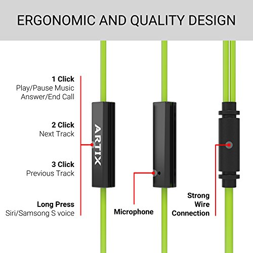 ARTIX Sport Workout Earbuds Headphones XJR, Built-in Microphone in-Ear Stereo Lightweight Wired Sweat-Proof Earphones, for Work, Travel, Running, Exercise, Works w/Smartphones, iPhone Android (Green)