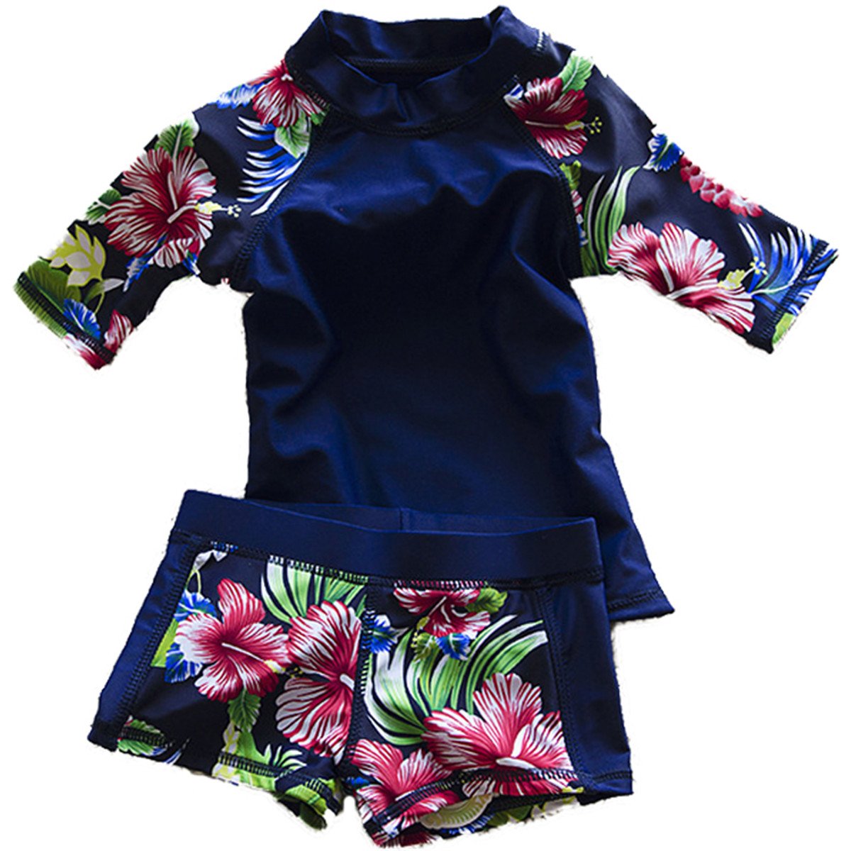 Baby Girls Kids Toddler Two Piece Round-Neck Rash Guard UV Sun Protection Swimsuit (2-3 Years, Navy)