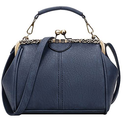 Arnosoar Vintage Kiss lock Handbag Women Purses Solid PU Leather Top-Handle Bag Indigo-blue