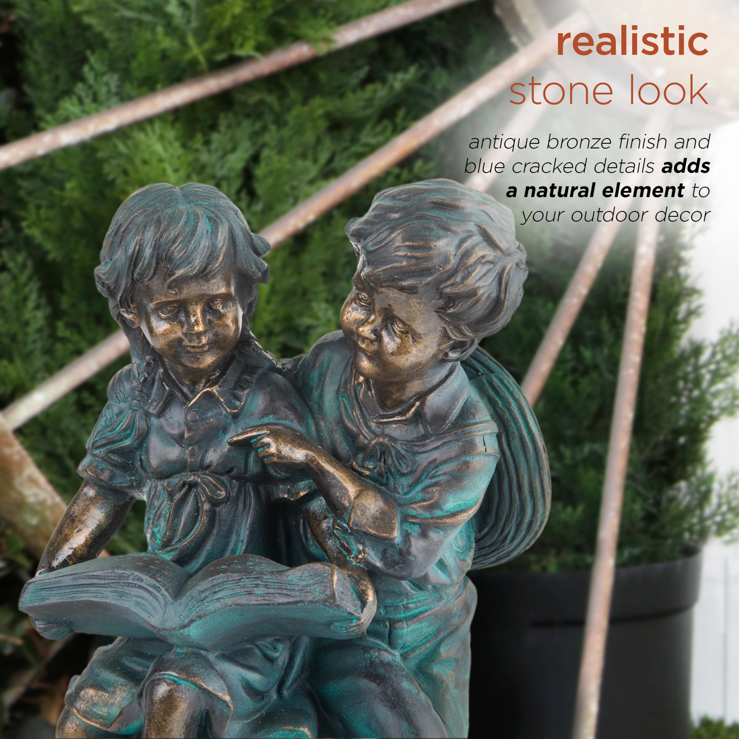 Alpine Corporation 15" Tall Indoor/Outdoor Girl and Boy Reading Together Statue Yard Art Decoration