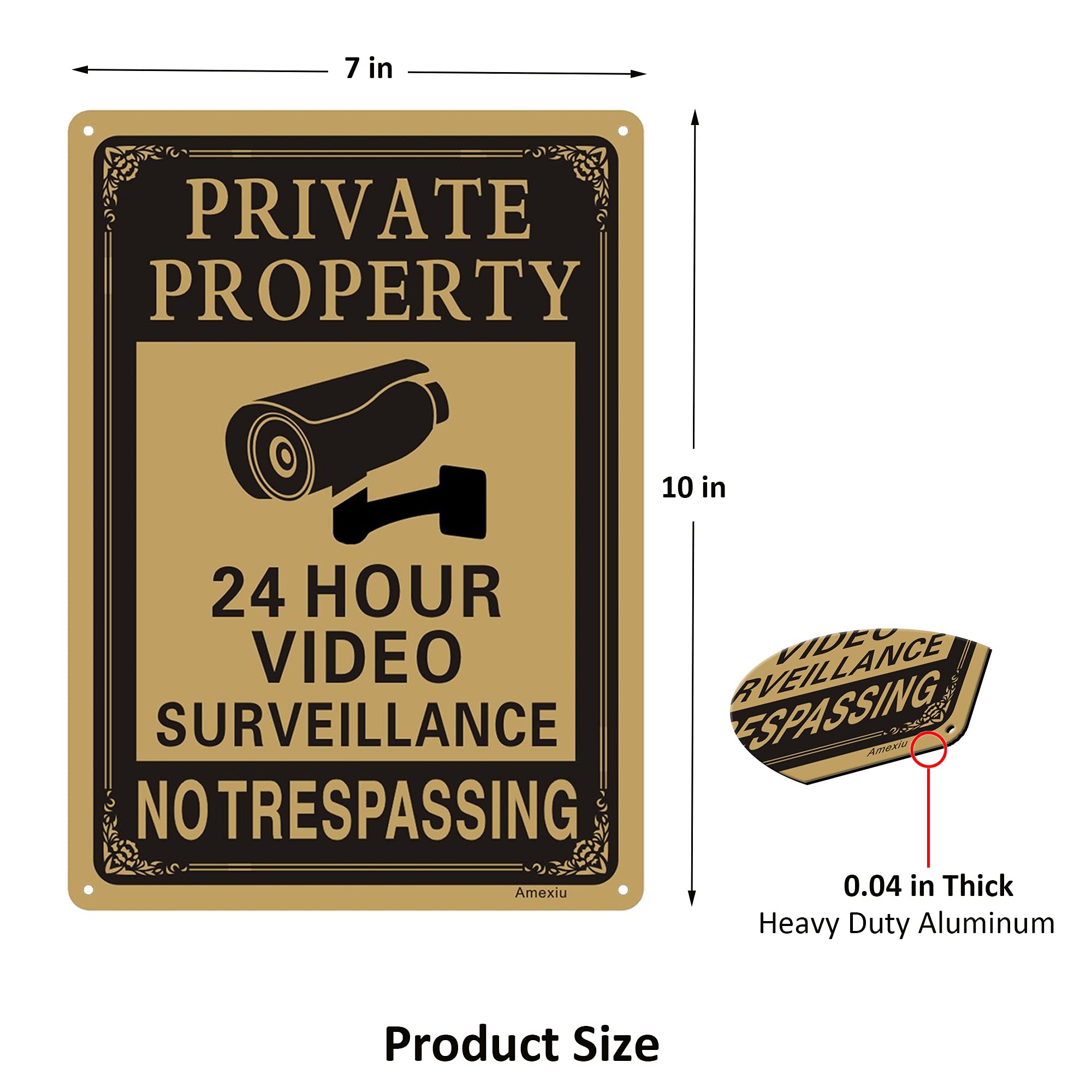 3 Pack Private Property No Trespassing Sign, 24 Hours Video Surveillance Warning Sign | 10" x 7" Rust Free Aluminum Easy Mounting Fade Resistance.